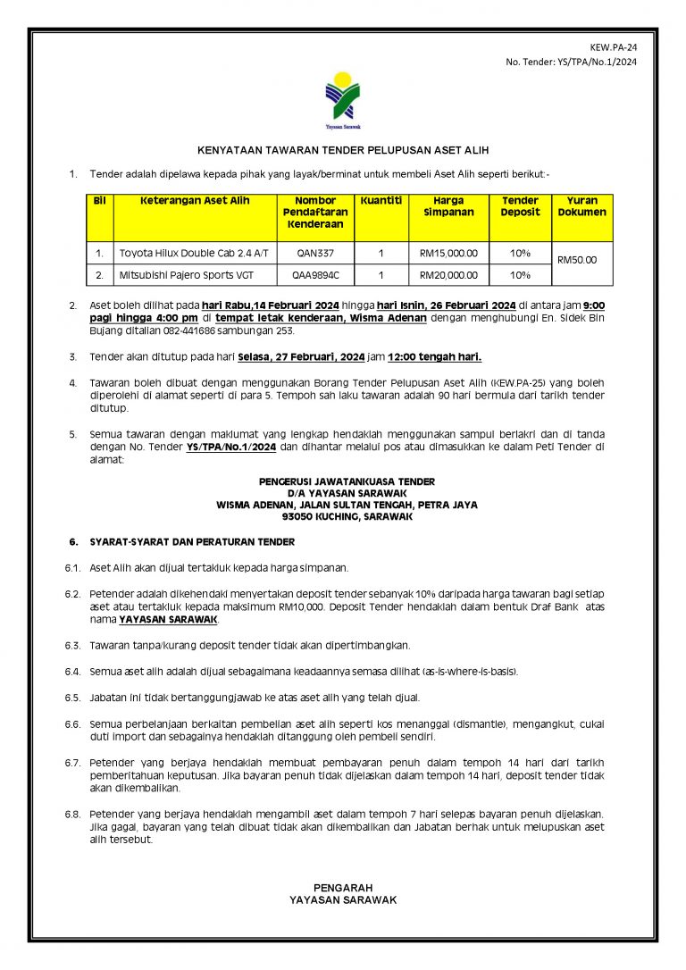 Statement of Movable Assets Disposal Tender Offer | The Sarawak Foundation